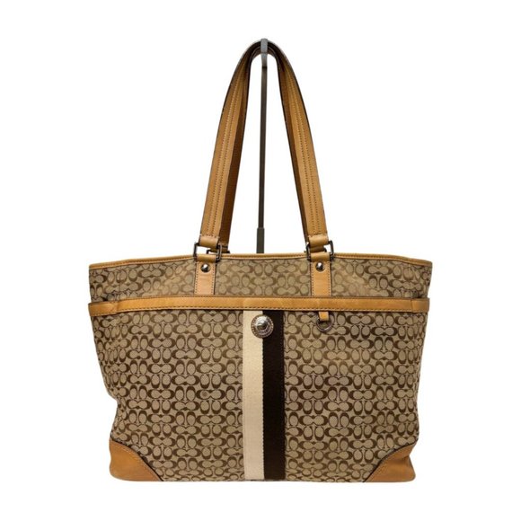 Coach | Bags | Coach F3813 Voyager Beige Tote Canvas Leather Tote Tan ...